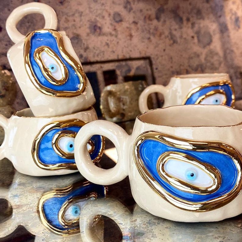 Stoneware Handmade Mug With Evil Eye Design - Etsy