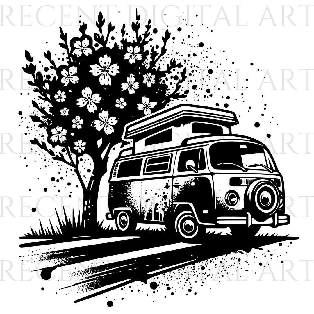 Vintage Camper Van Svg & Png, Floral Tree Clipart, Retro Van Vector ...