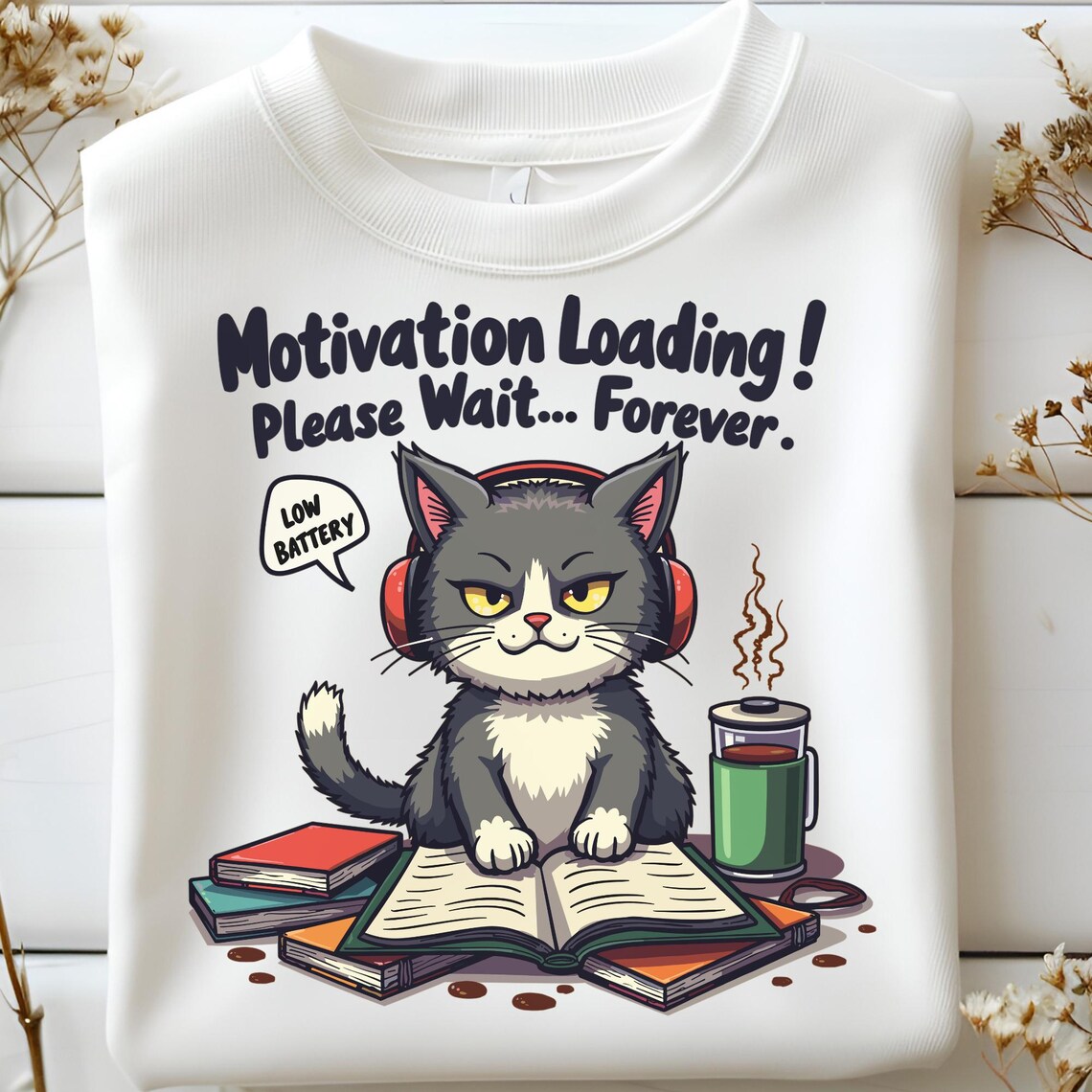 Lazy Cat Motivation SVG | Funny Cat Reading PNG | Low Battery Coffee ...