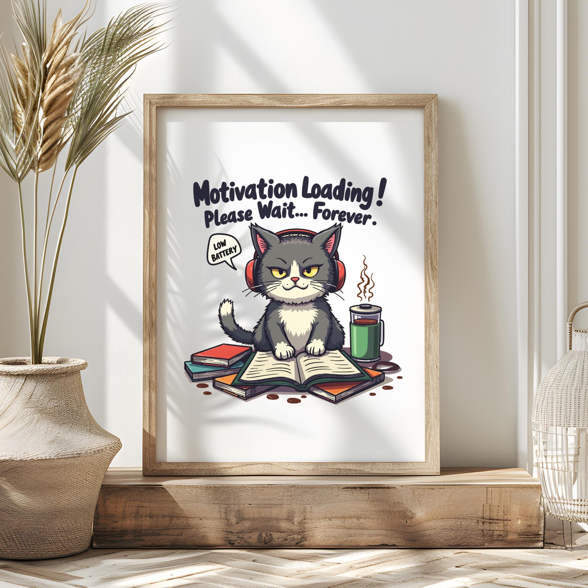 Lazy Cat Motivation SVG | Funny Cat Reading PNG | Low Battery Coffee ...