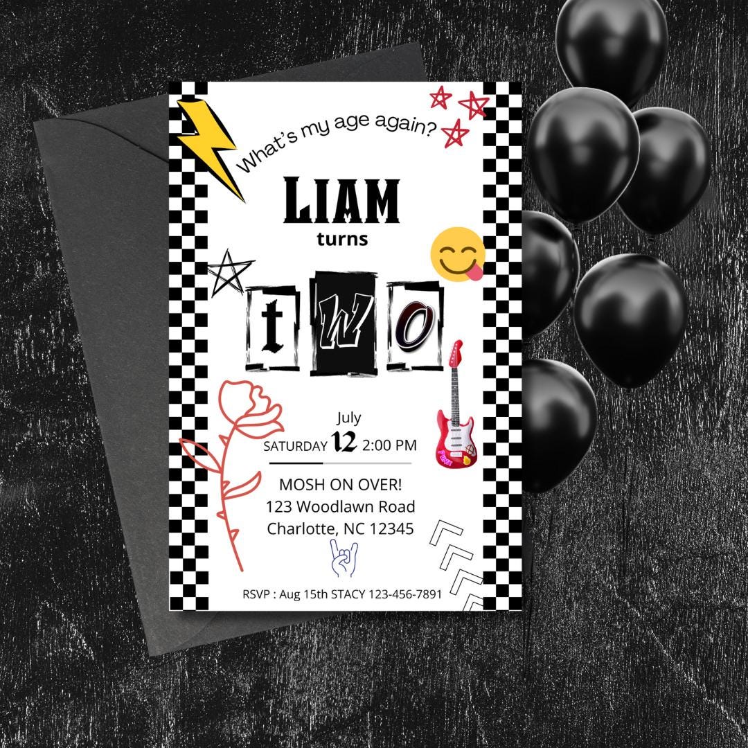 Punk Rock and Roll Second Birthday Invitation Emo Party Invitation 2nd ...