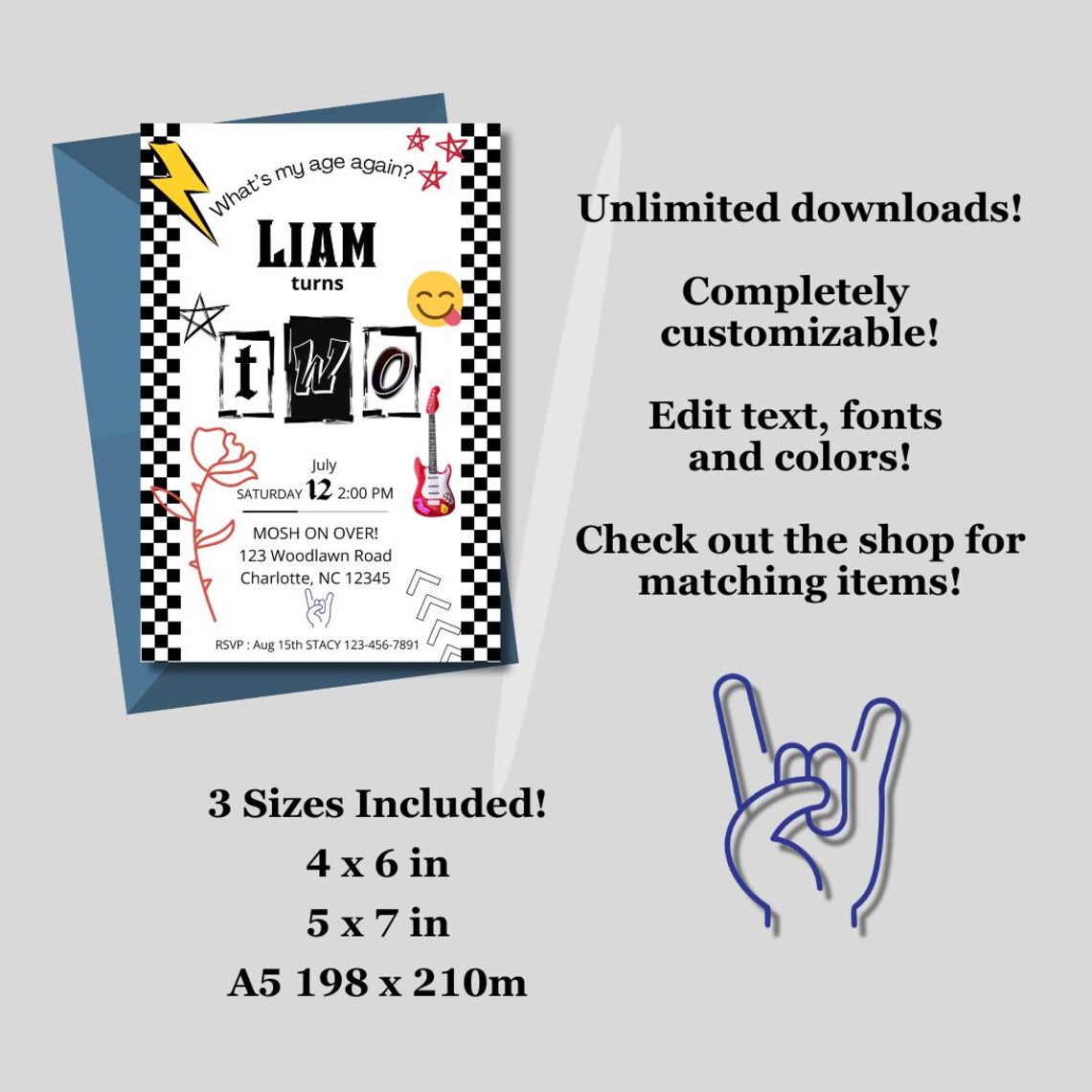 Punk Rock and Roll Second Birthday Invitation Emo Party Invitation 2nd ...