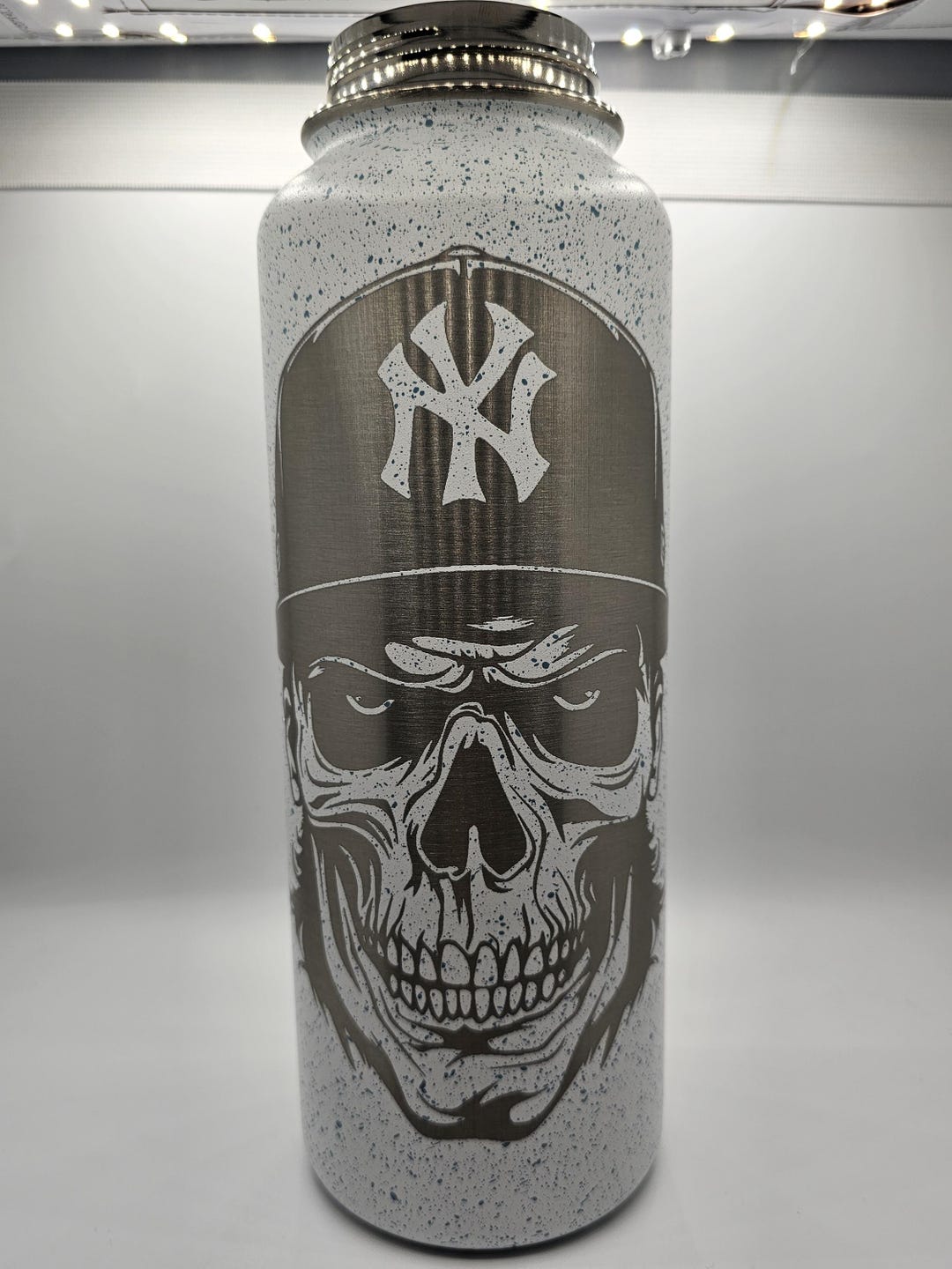 Skull With Baseball Player and Cap Laser Engraved Tumbler Water Bottle ...