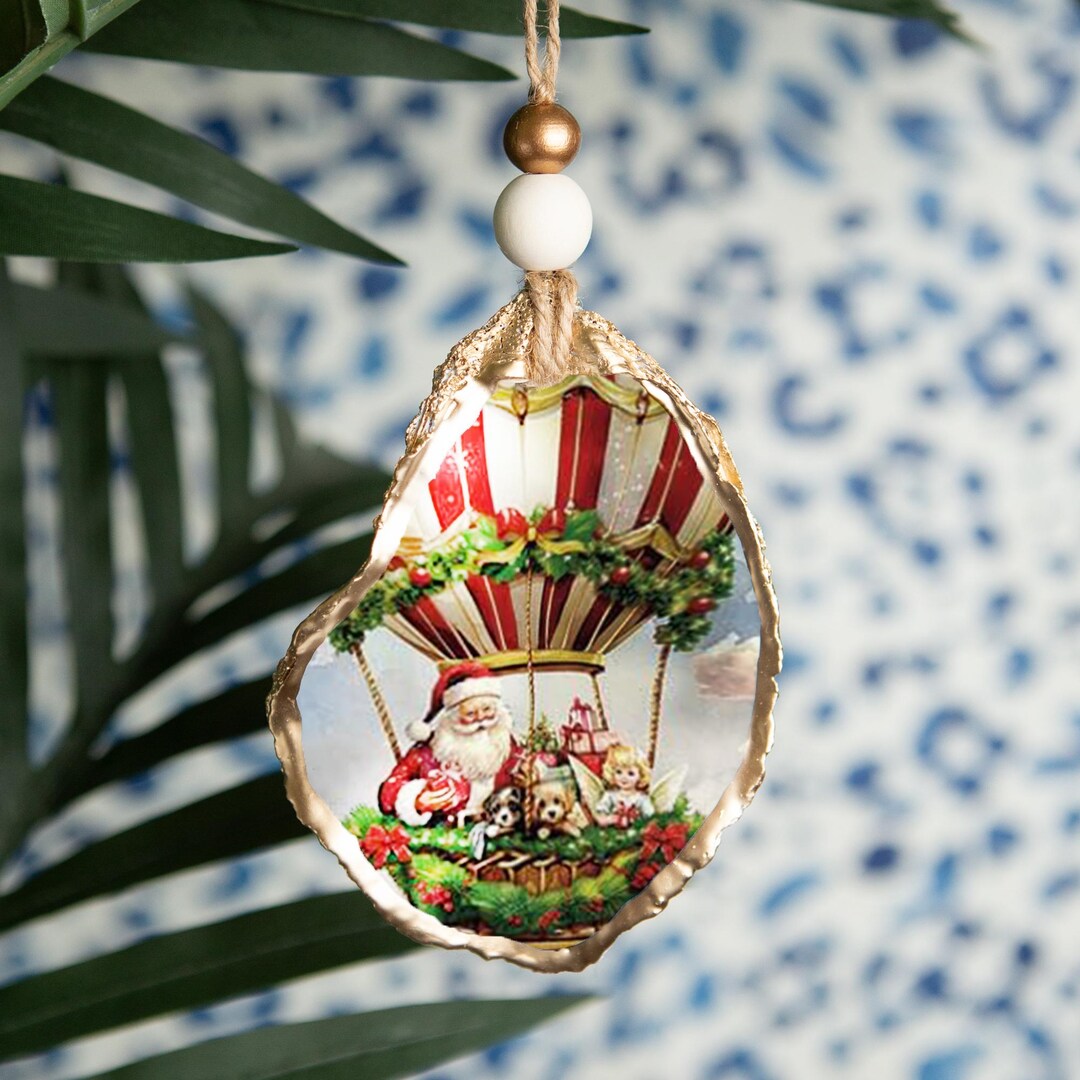 Santa in Hot Air Balloon Oyster Shell Ornament, Coastal Christmas Decor ...