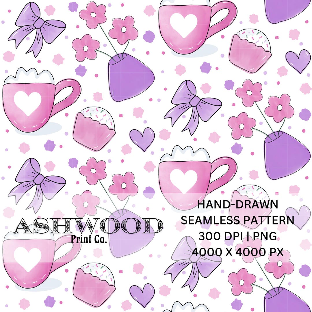 Hand-drawn Pink and Purple Girly Seamless White PNG High Quality 300 ...