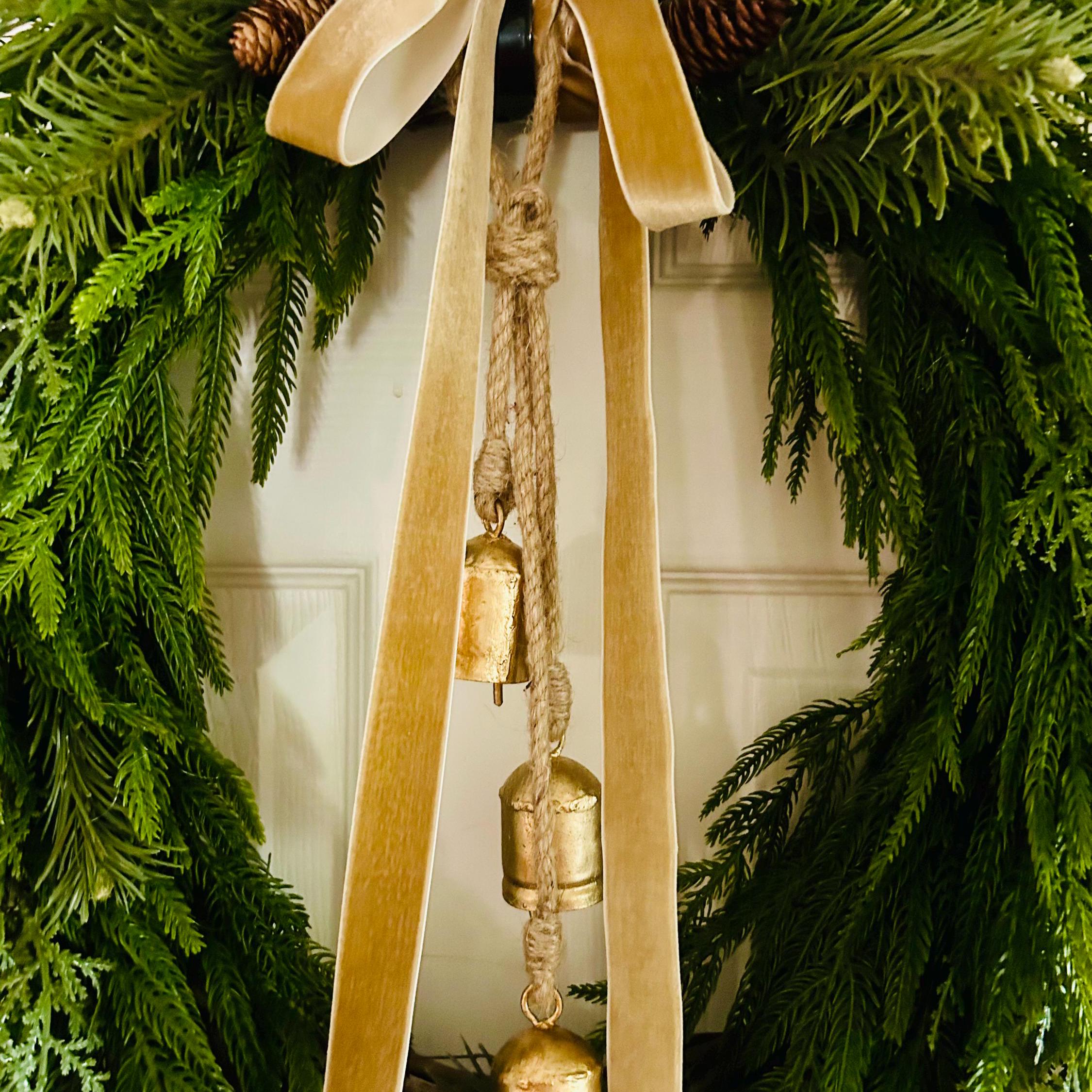 Norfolk Pine Grapevine Wreath, Bells, Bow, Carmel Bow, Pine Cones ...