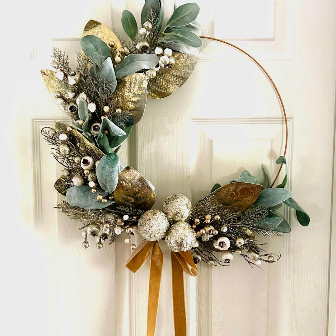 Boho Christmas or Winter Wreath. Gold Magnolia Leaves, Lambs Ear ...