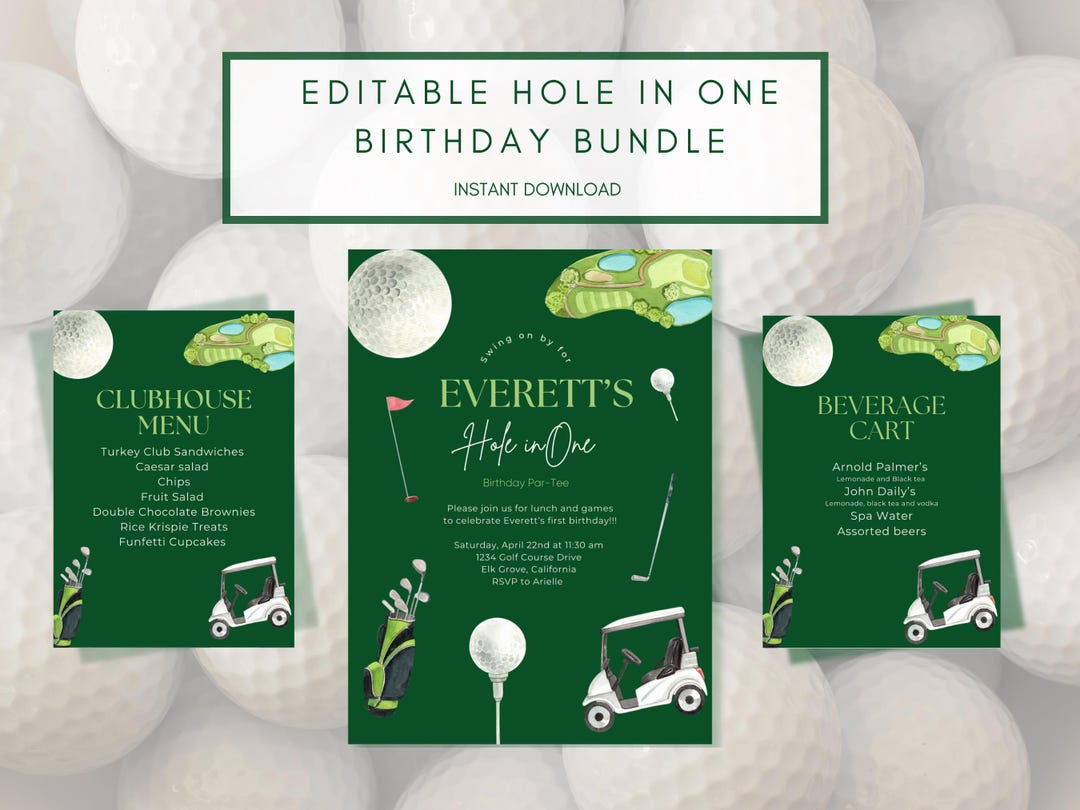 Hole-in-one Golf Birthday Party Bundle | Editable Invitation, Menus ...