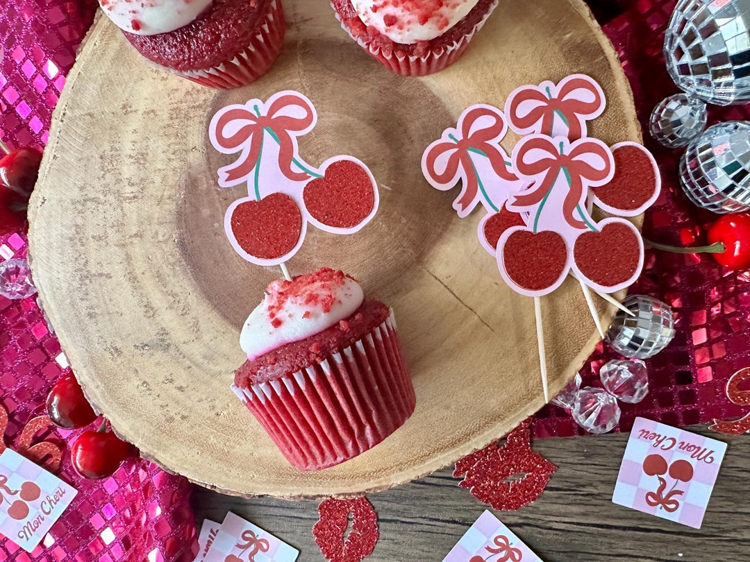 Cherry Cupcake Toppers (qty. 6)| Mon Cheri Party| Cherry on Top Decor ...