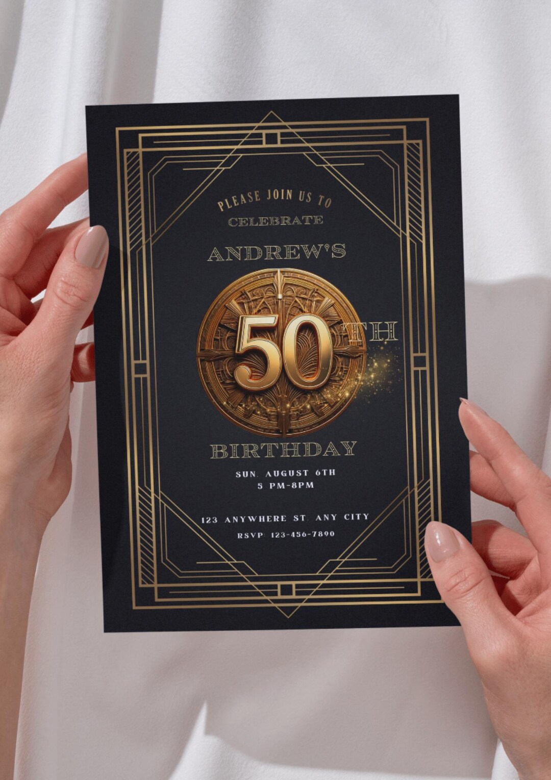 50th Birthday Invite, Art Deco Style 50th Invite, Gold 50th Birthday ...