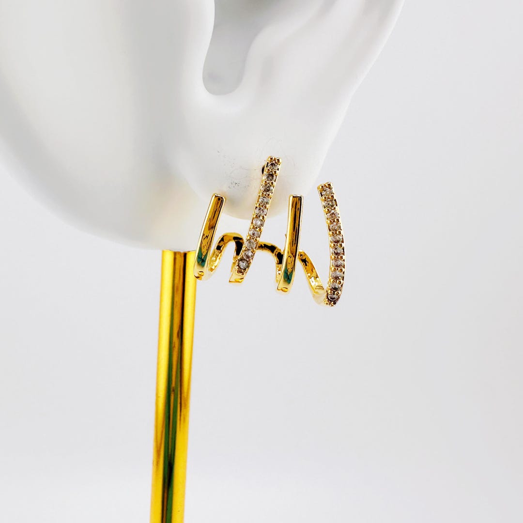 Gold Triple Row Hoop Earrings With Crystal Accents – Modern and Elegant ...