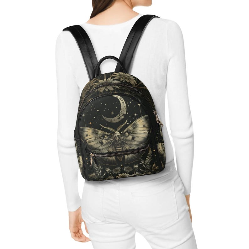 Goth Moth Moon Vegan Leather Backpack PU Backpack Mini Backpack Cute ...