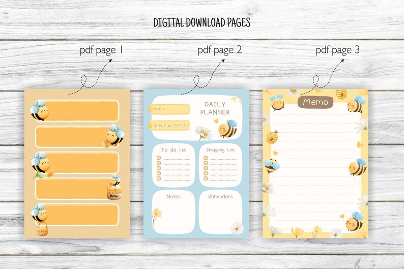 Set of 3 Cute Bee-themed Daily Planner, Name Label, and Memo Sheets ...
