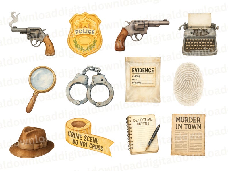 True Crime Watercolor Clipart Bundle: 46 Detective & Forensic Mystery ...