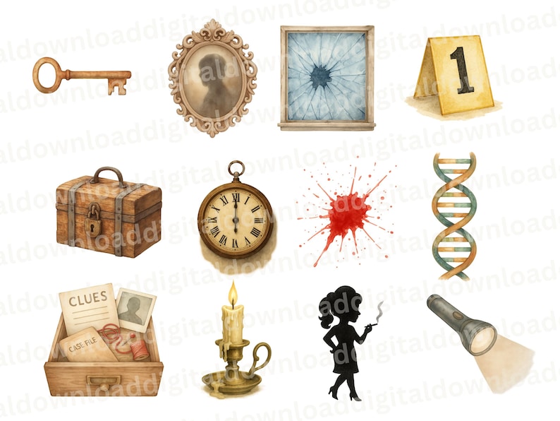 True Crime Watercolor Clipart Bundle: 46 Detective & Forensic Mystery ...