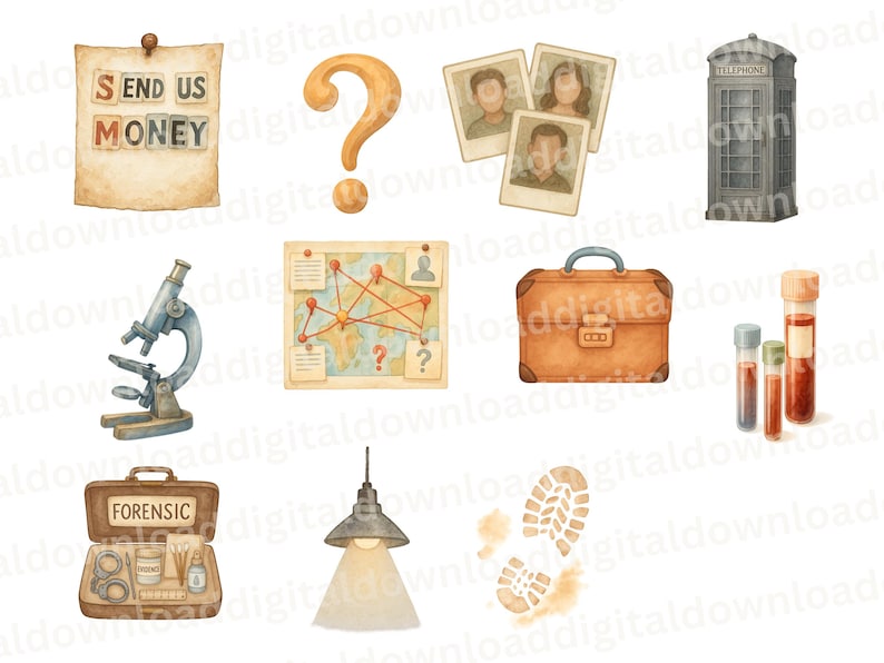 True Crime Watercolor Clipart Bundle: 46 Detective & Forensic Mystery ...