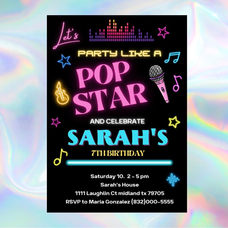 Digital Invitation, Party Invitation, Birthday Disco Invitation, Pop ...