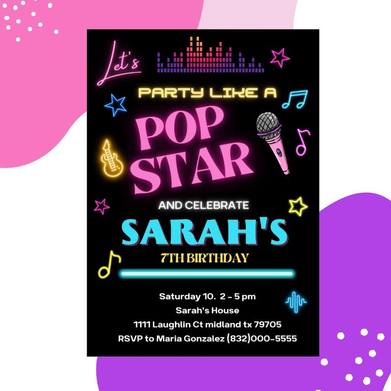 Digital Invitation, Party Invitation, Birthday Disco Invitation, Pop ...