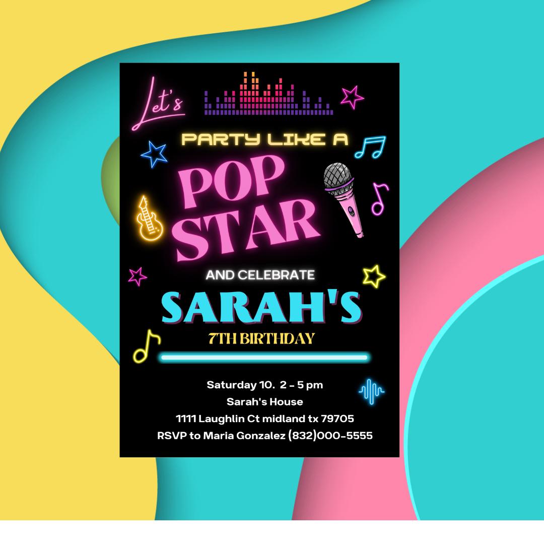 Digital Invitation, Party Invitation, Birthday Disco Invitation, Pop ...