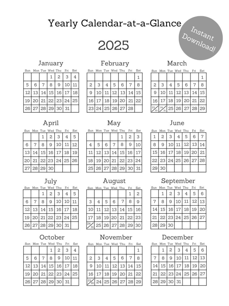 2025 Simple Calendar at a Glance- Instant Download - Etsy