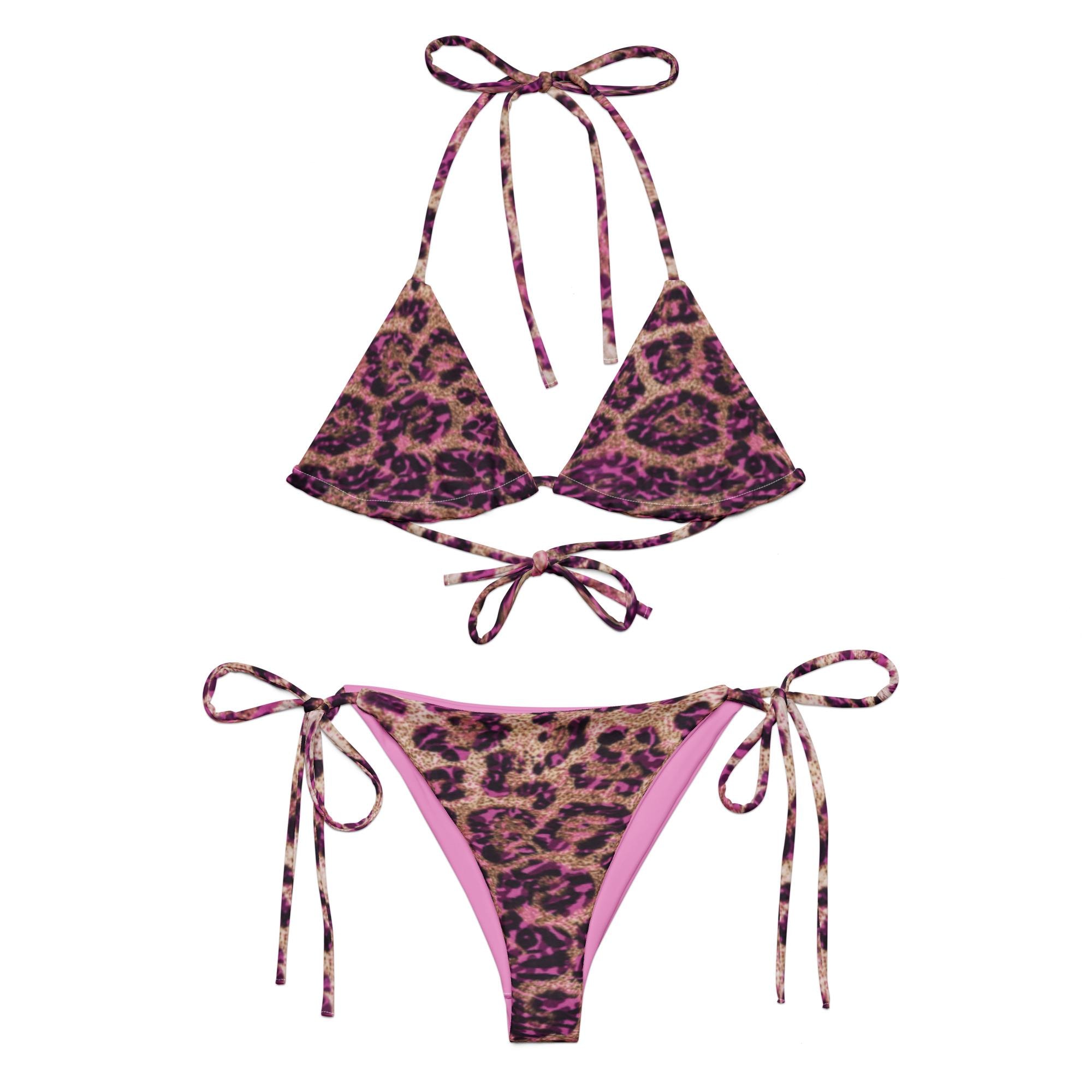Pink Leopard Print String Bikini Set, Cheetah Print Pink Effects Bikini ...
