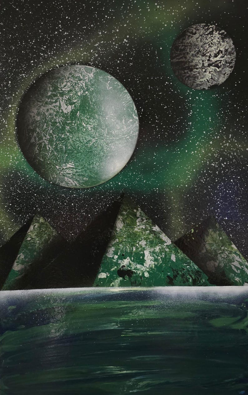 Green Pyramids Over Water - Spray Paint Art - Etsy
