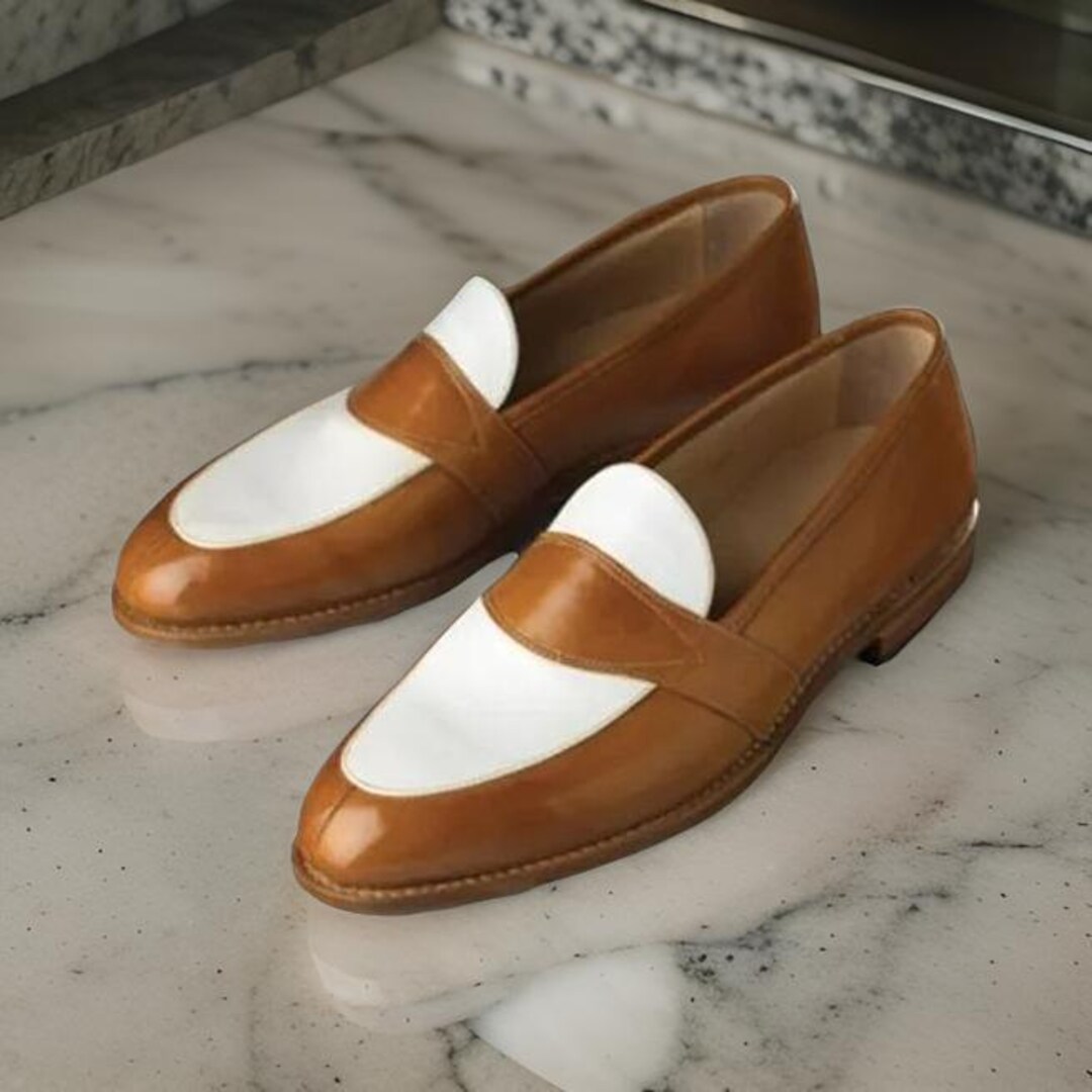 Bespoke Men's Handmade Leather Two Tone White and Brown Penny Loafers ...