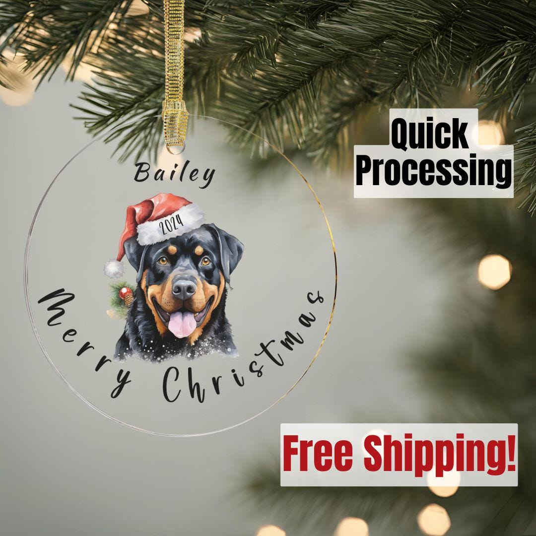Rottweiler Santa Hat Clear Acrylic Ornament, Custom Pet Name Christmas ...