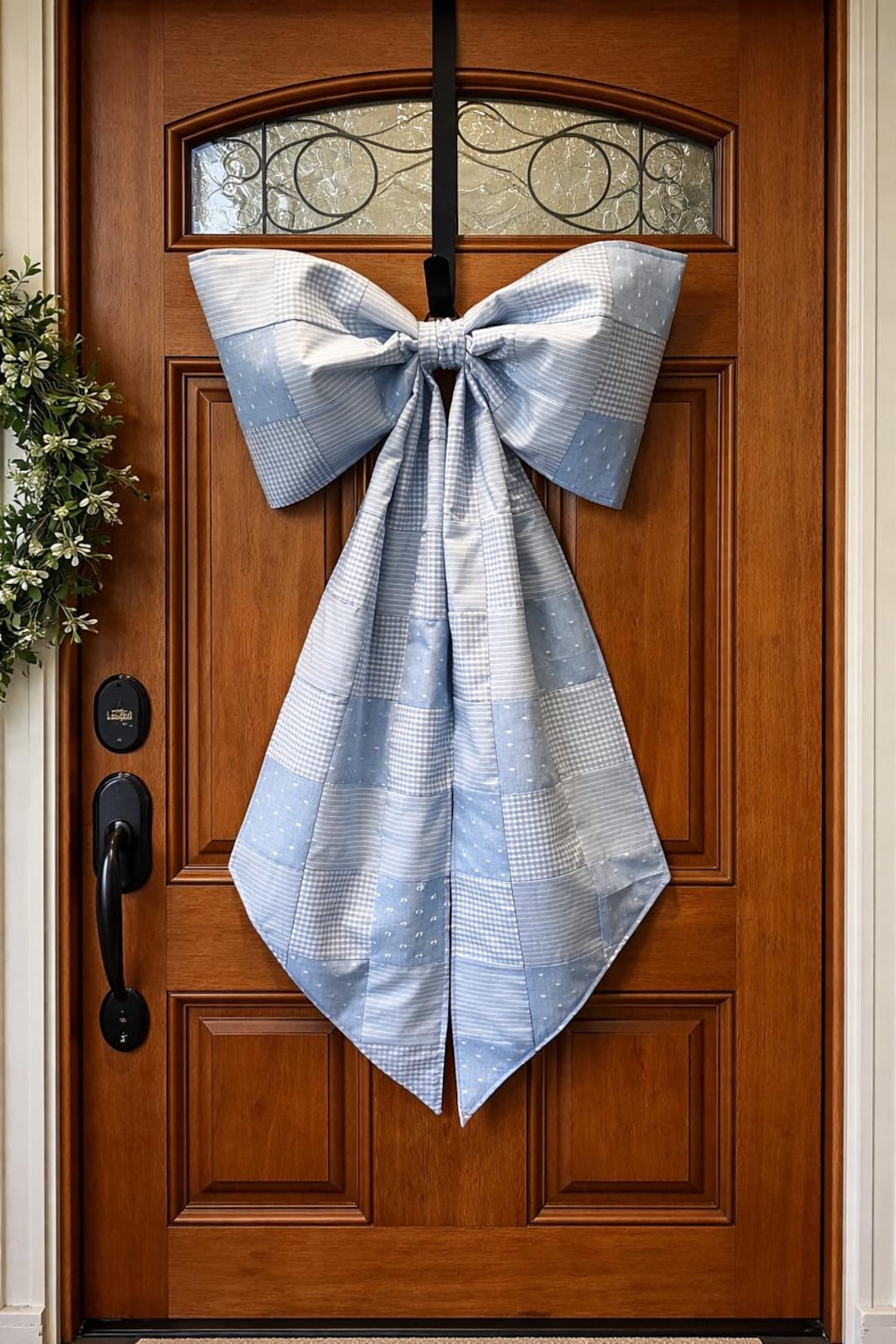 Blue Patchwork Door Bow | Classic Front Door Decor | Handmade Farmhouse ...