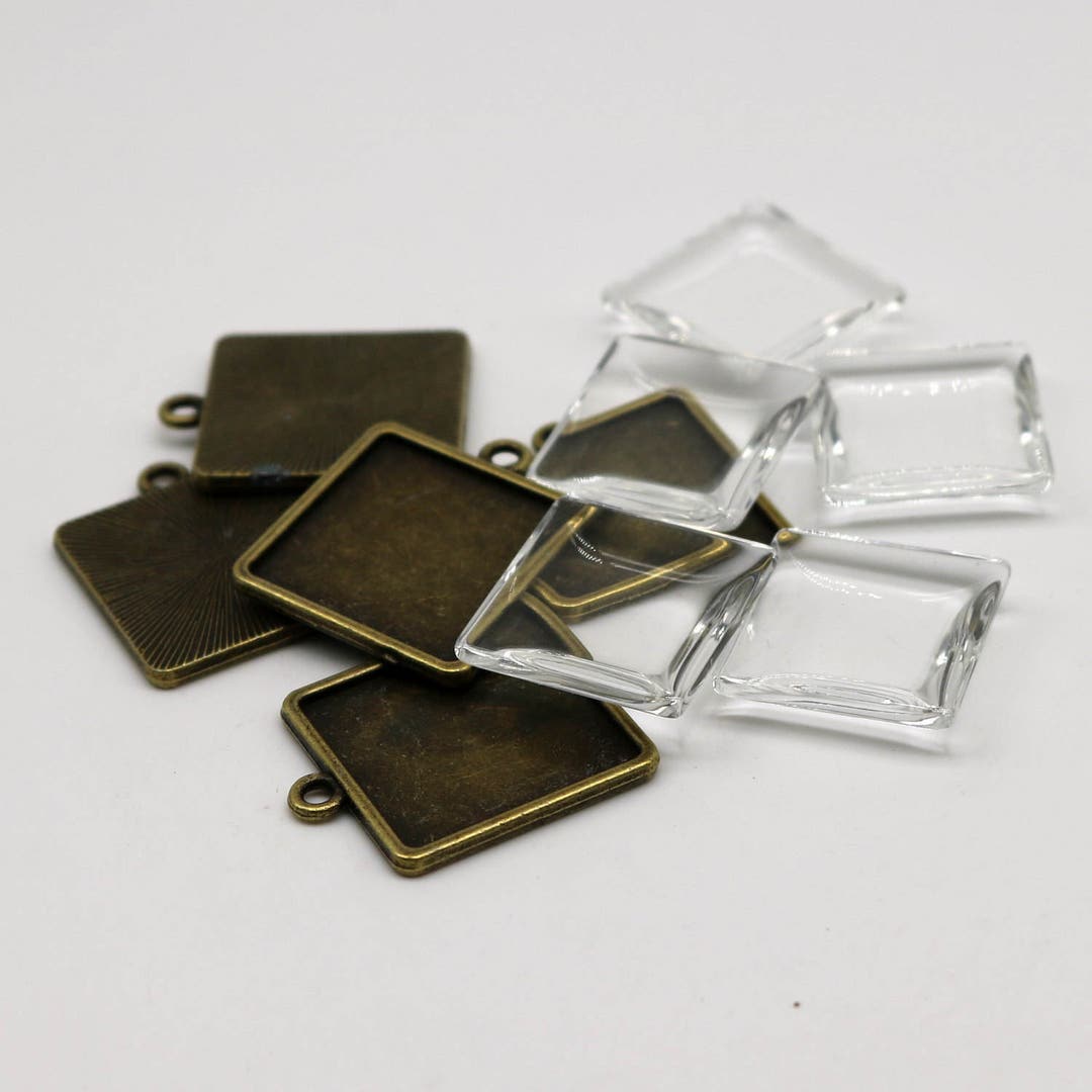 SQUARE Bezel With 20mmx20mm GLASS Magnifying Domes Cabochon - 5 Sets 10 ...