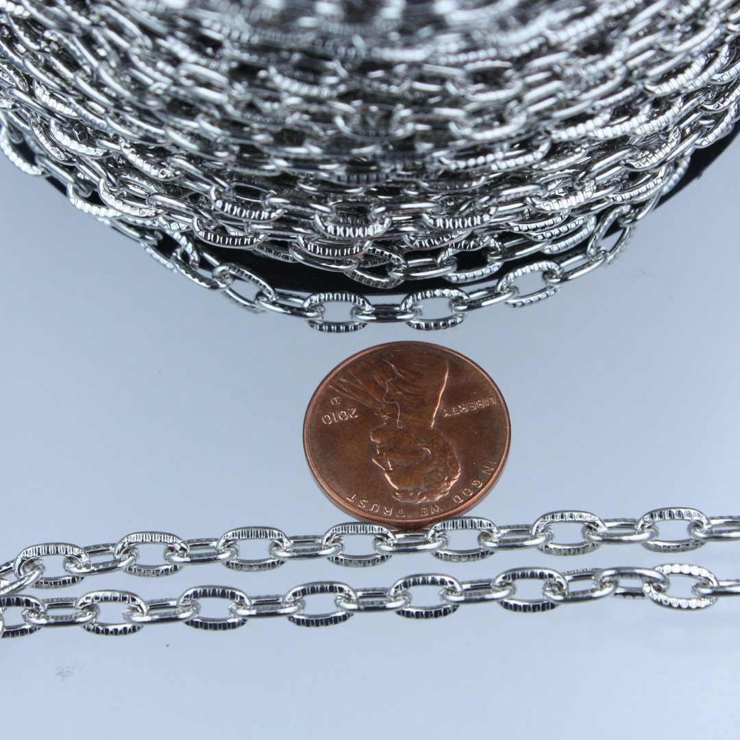 10 Ft. of Rhodium Plated Textured Drawn Oval Round Cable Chain 7.2x4 ...
