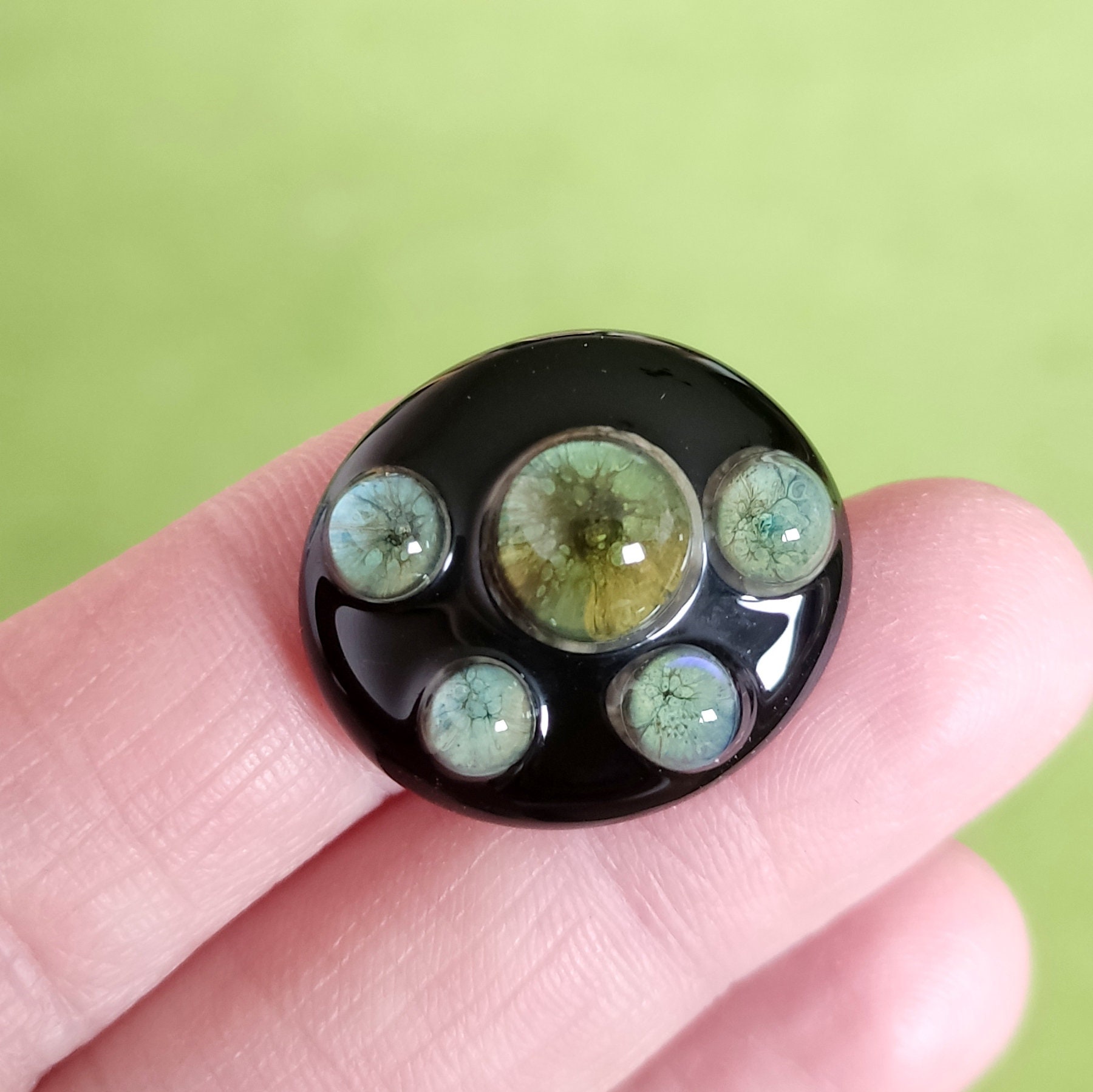 Green Blue Blobs Black Handmade Lampwork Glass Cabochon Embroidery ...