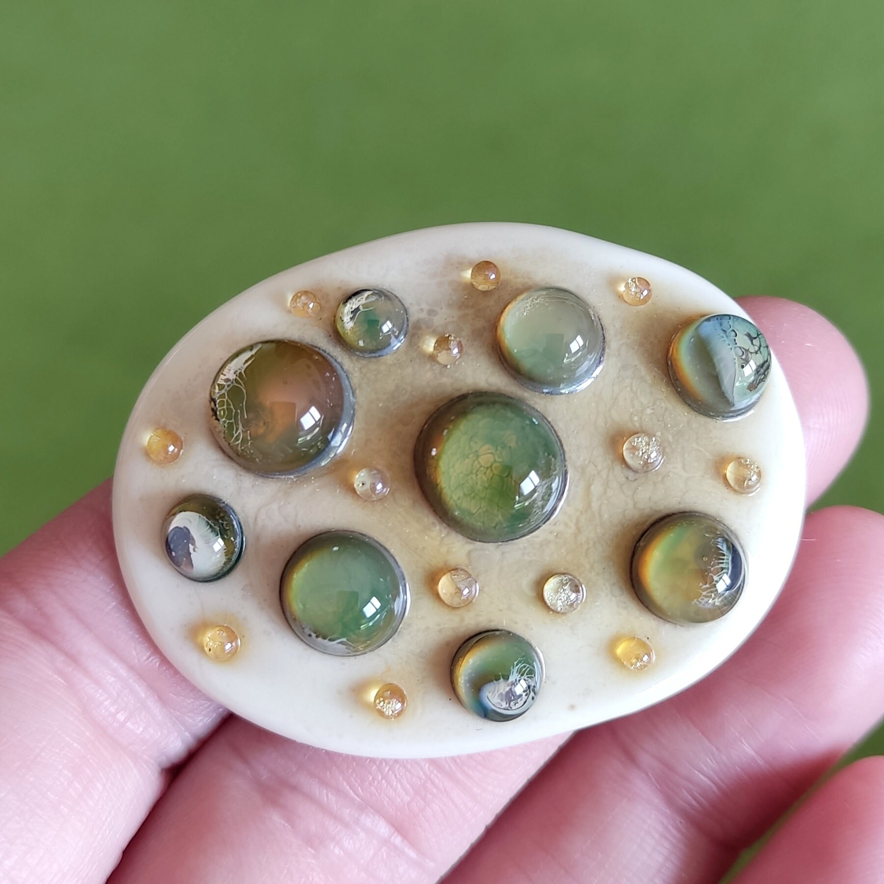 Green Blobs Ivory Glass Handmade Lampwork Glass Cabochon Embroidery ...