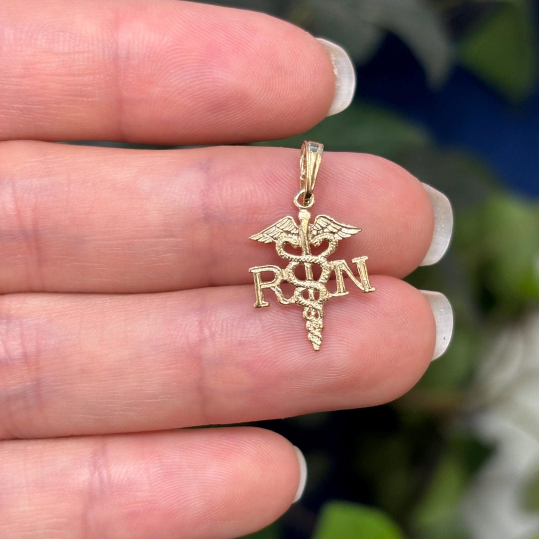 10K Yellow Gold RN Caduceus Nurse Detailed Charm Pendant - Etsy