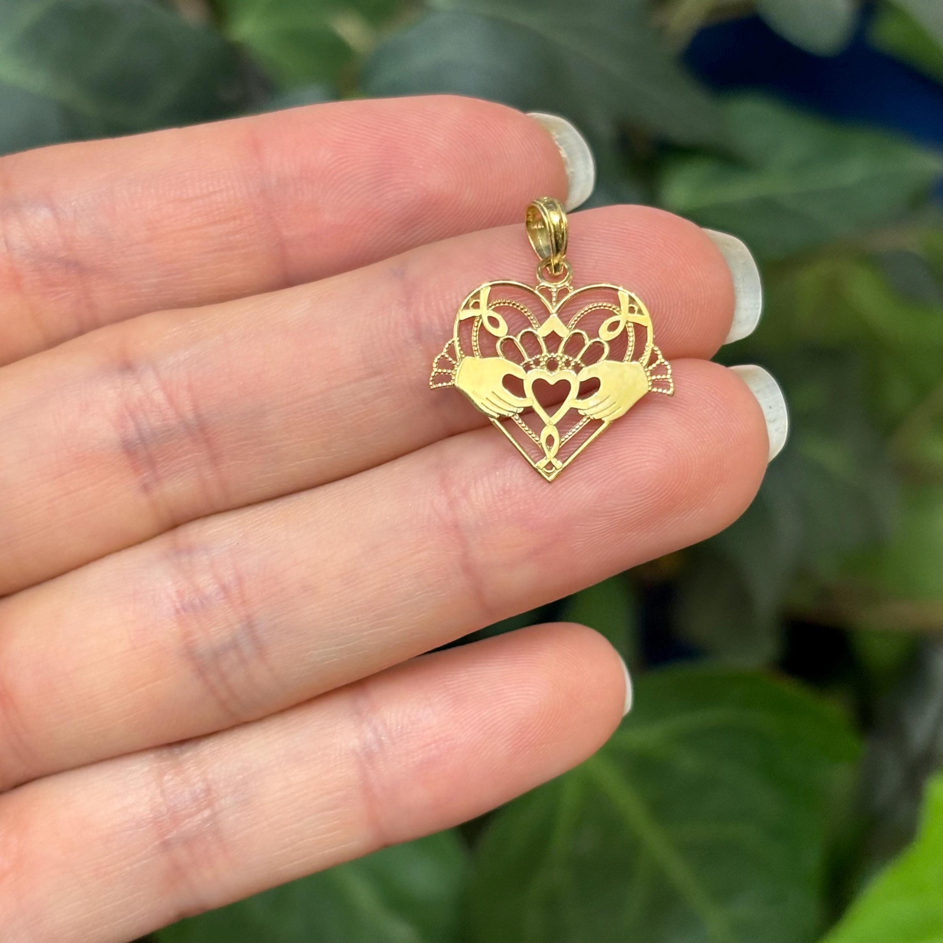 10K Yellow Gold Irish Claddagh Heart Filigree Design Detailed Charm ...