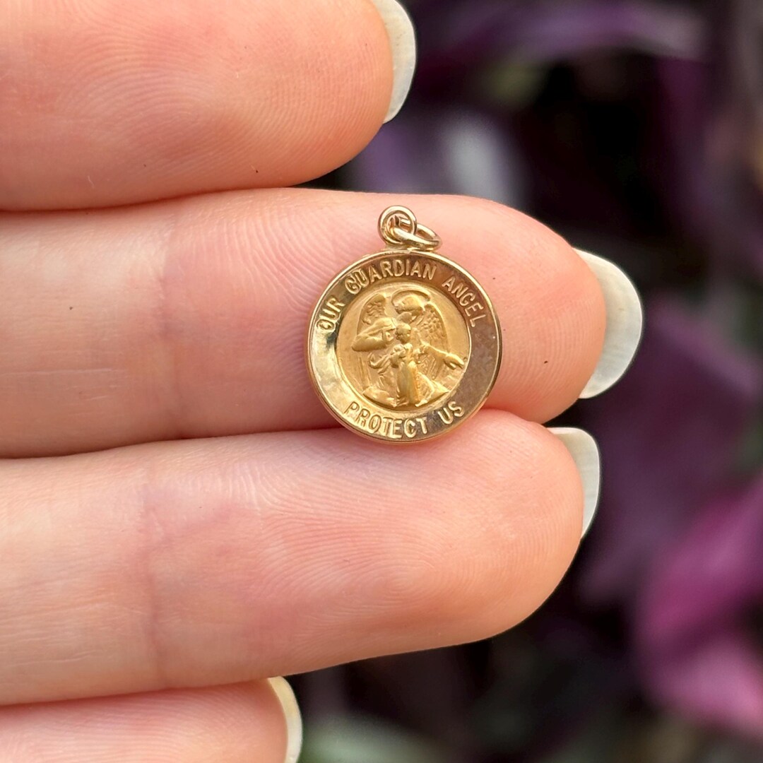 14k Gold Our Guardian Angel Round Medal Charm Pendant 11.75mm - Etsy