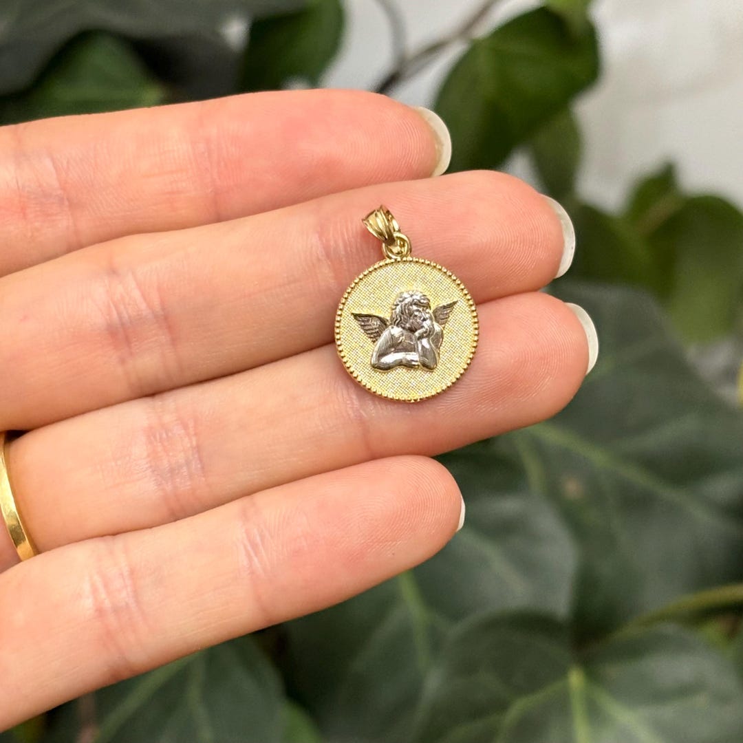 10k Gold Two-tone Raphael Baby Angel Round Charm Pendant - Etsy