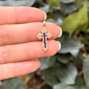14k Gold Eastern Orthodox Cross Charm Pendant Blue Enamel - Etsy