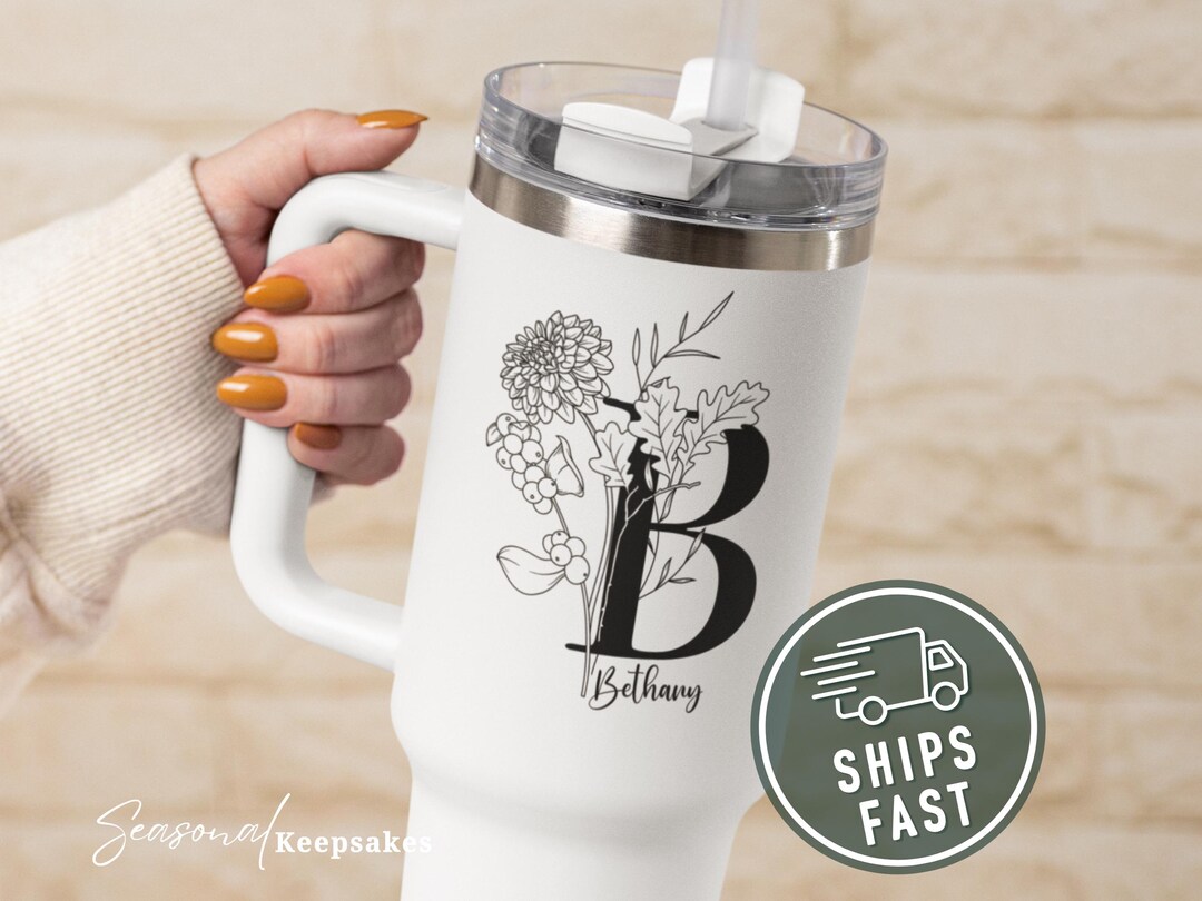 Monogram Cup With Straw, Name Travel Mug, Name Tumbler Cup 40oz, Floral ...