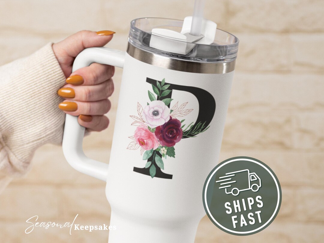 Personalized Floral Monogram Tumbler: 40oz Stainless Steel Travel Mug ...