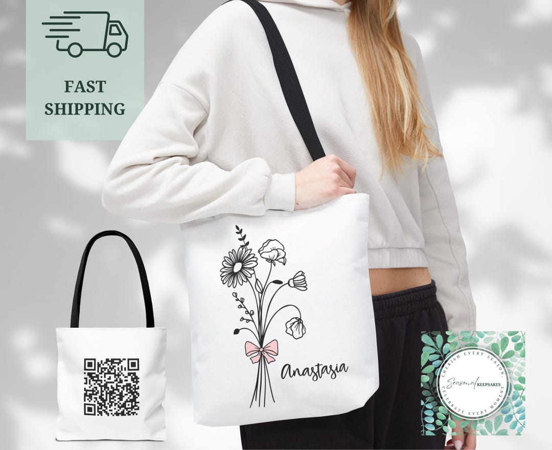 Custom QR Code Tote Bag, Personalized Birth Flower Tote Bag, Relaxing ...