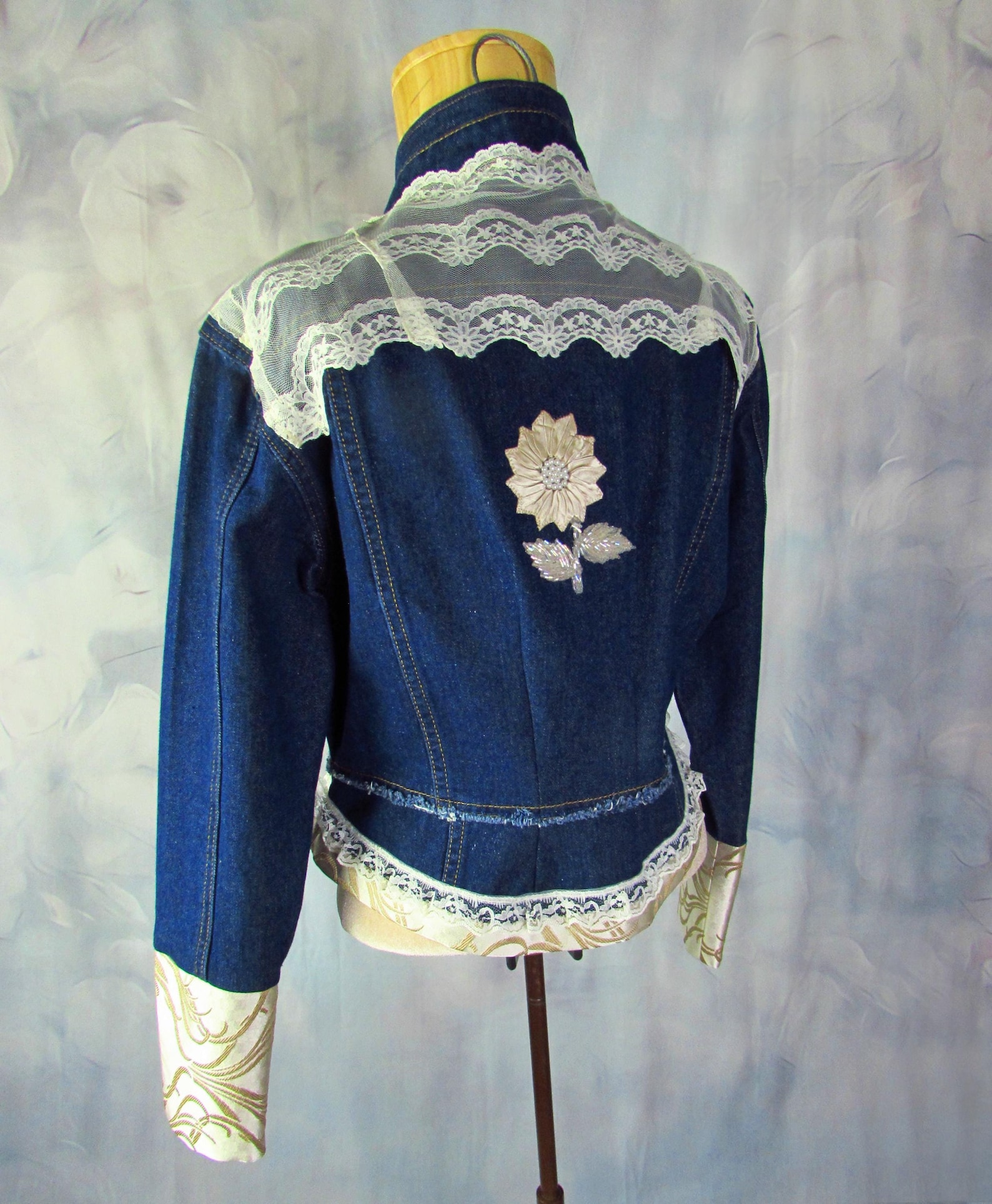 Embellished Denim Jacket | Victorian Lace, Embroidered Rose, Size ...