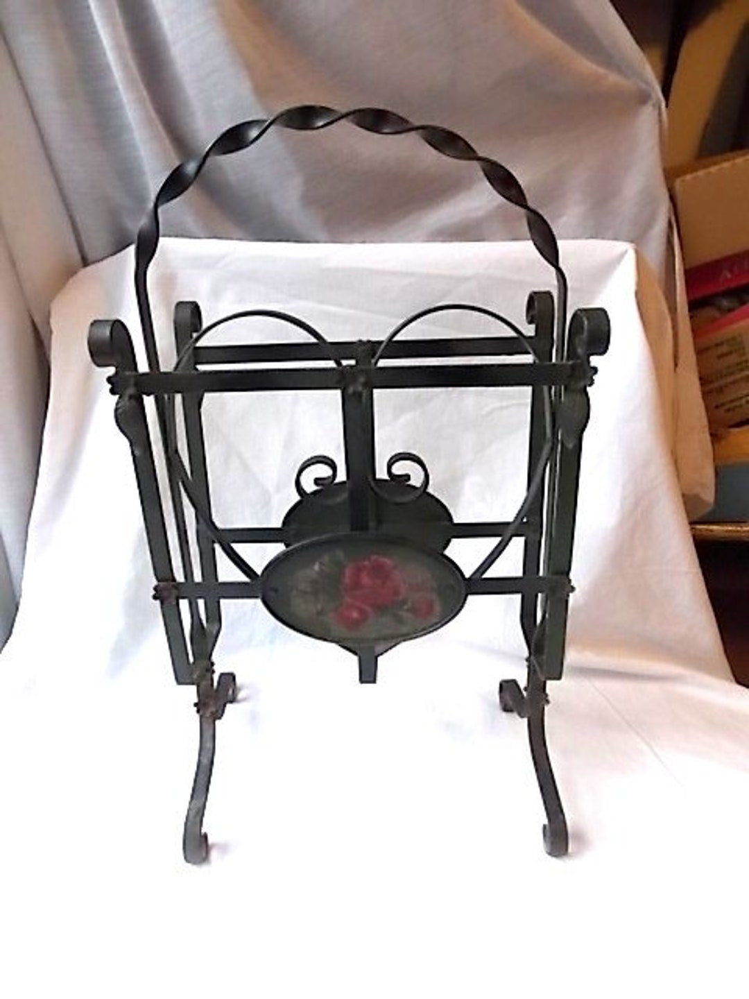 Vintage Wrought Iron Magazine Rack Heart Red Rose Shabby Farmhouse - Etsy