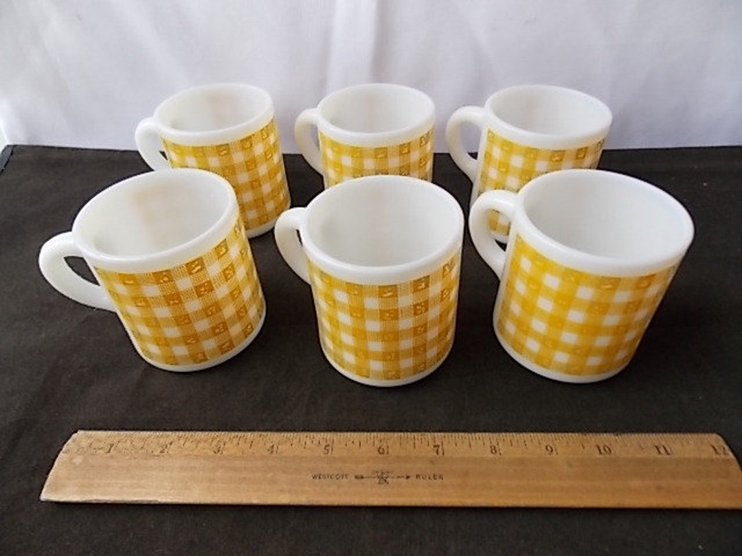 6 Vintage Yellow White Milk Glass Mugs Hazel Atlas Gingham Mid Century ...