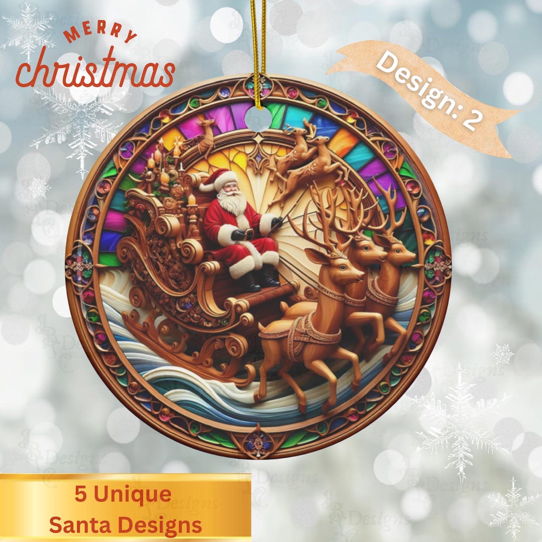 2024 Christmas Ornament, Santa and Sleigh, Faux Wood Carved Stained ...