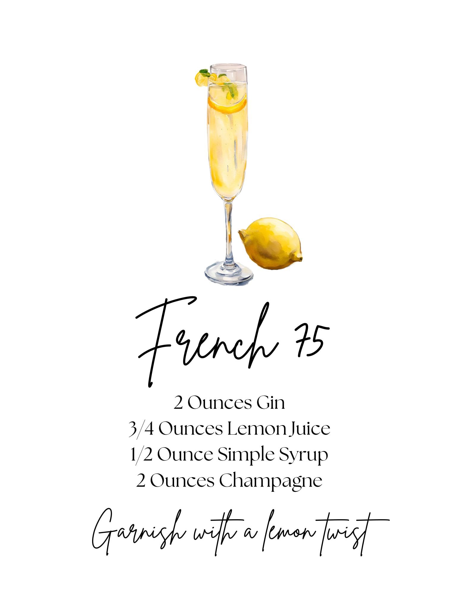 French 75 Cocktail Recipe PDF Sign – Printable Wall Art - Etsy