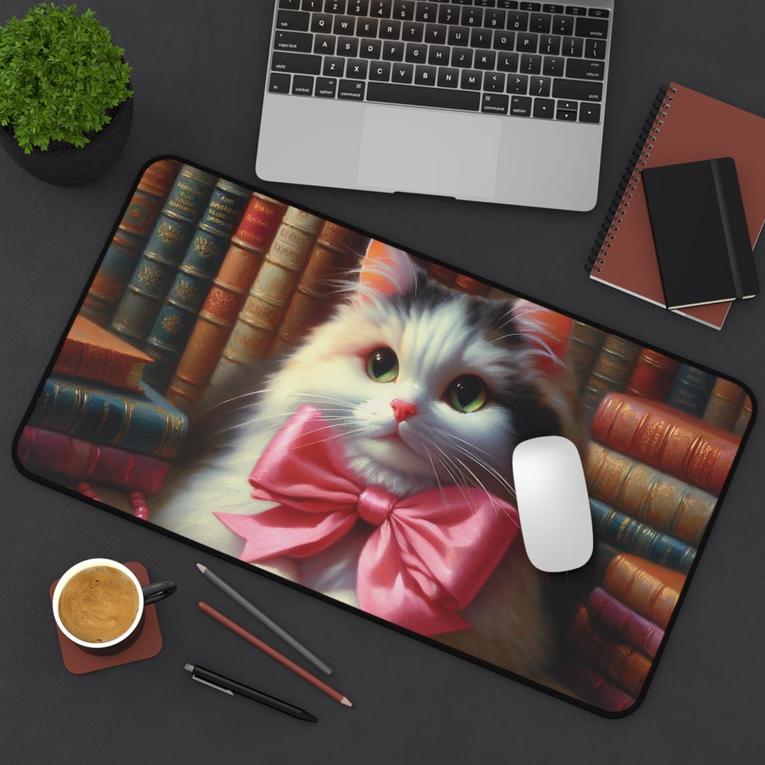 Coquette Cat Lover and Book Lover Desk Mat, Cute Animal Mouse Pad ...