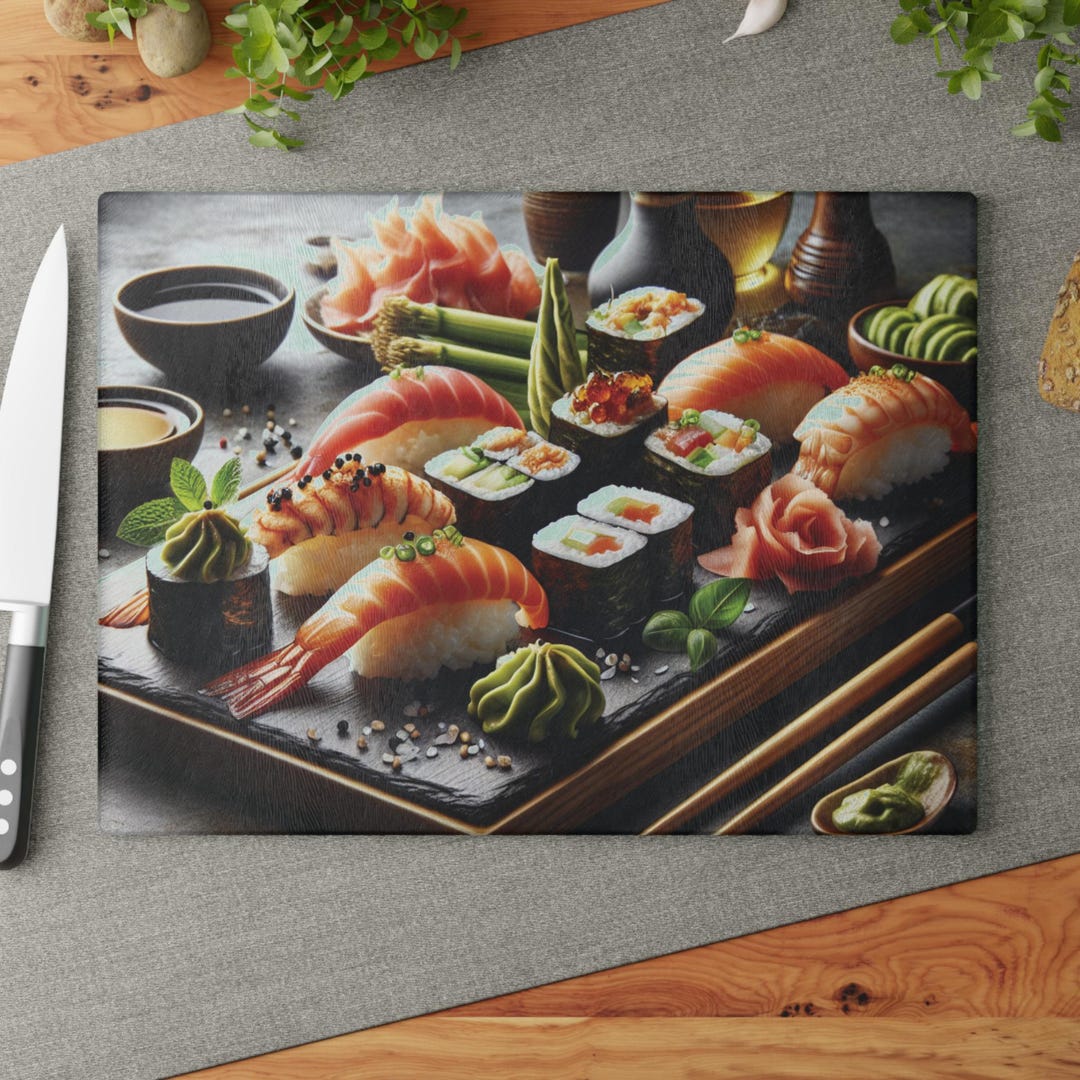 Sushi Culinary Glass Cutting Board, Kitchen Decor, Cooking Gift, Glass ...