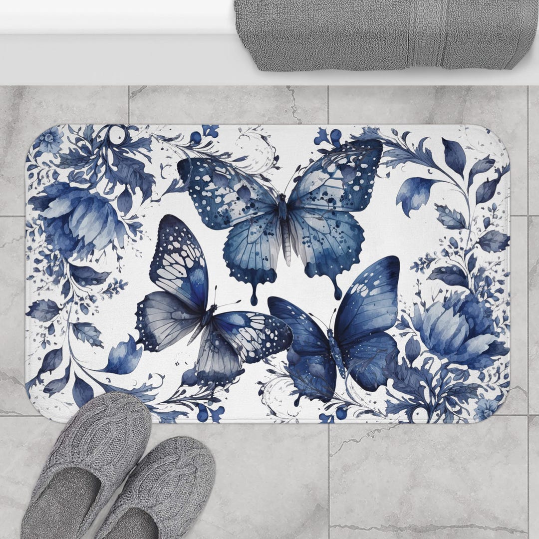 Chinoiserie Blue Butterfly Bath Mat Gift - Bathroom Decor, Floor Rug ...