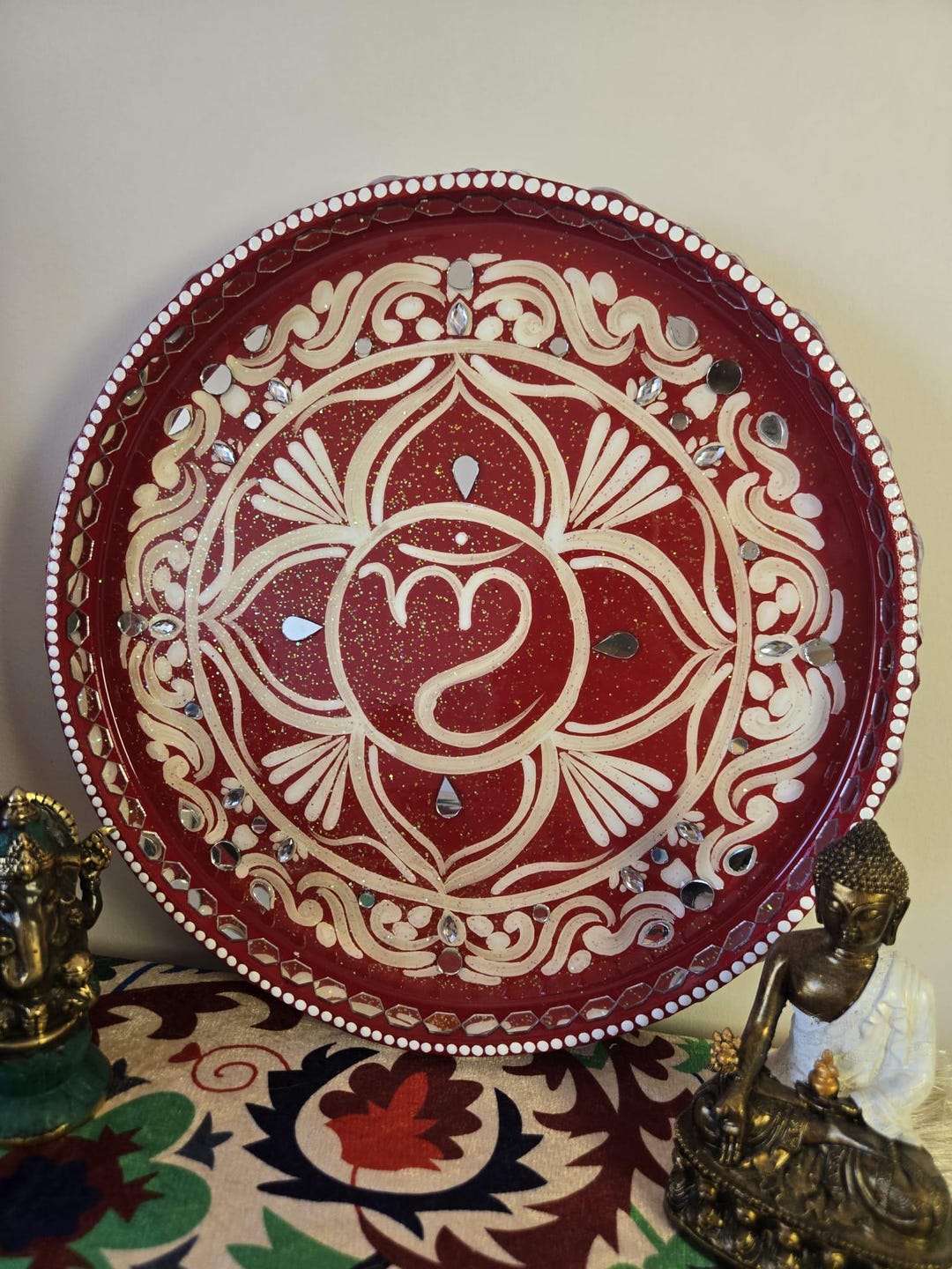 Handmade 30 Cm Pooja Tray With Ongkara Symbol – Red & White Mandala Design With Mirror Accents ...